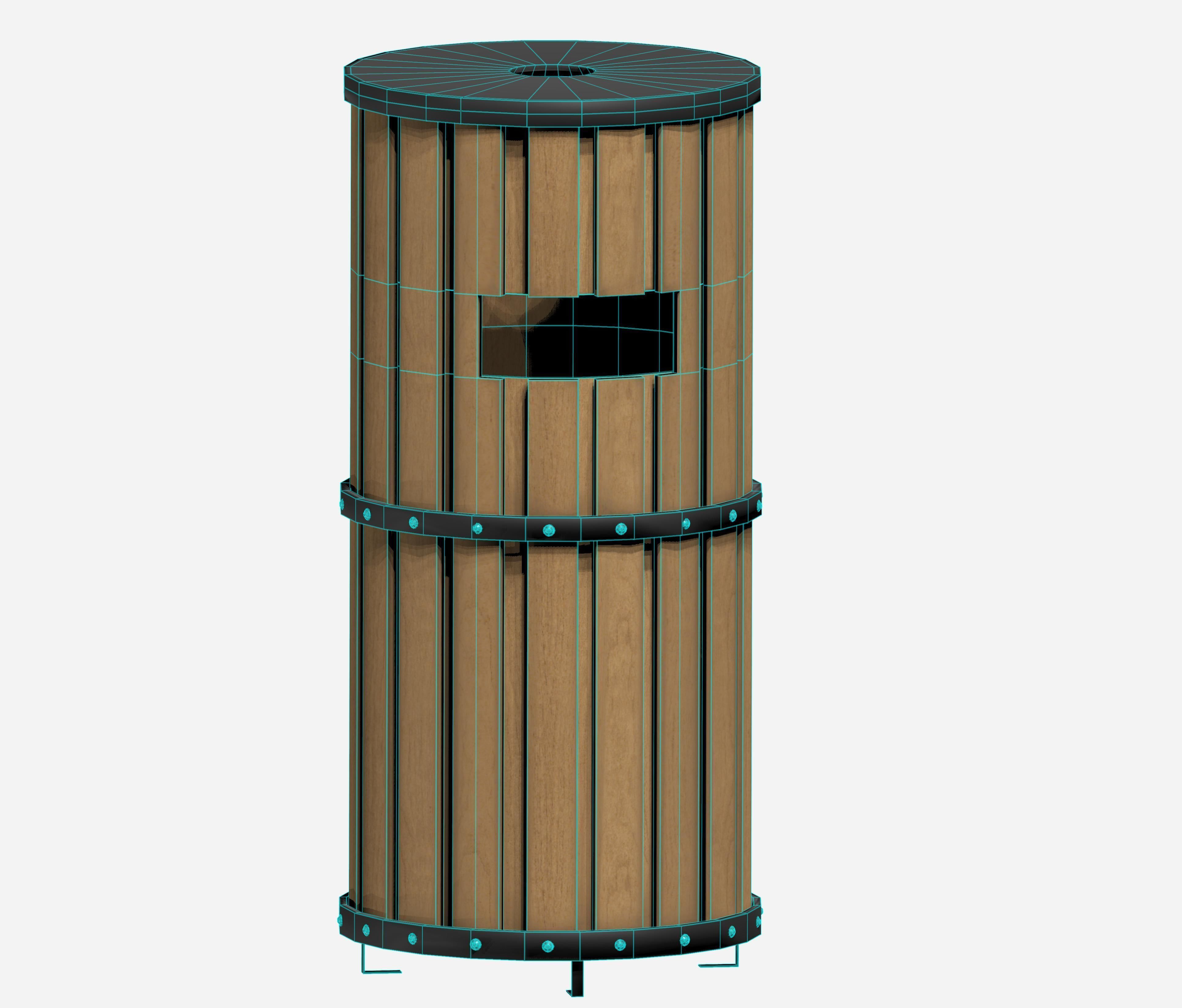 3D model Wooden cylindrical cage type trash can with metal feet VR / AR ...