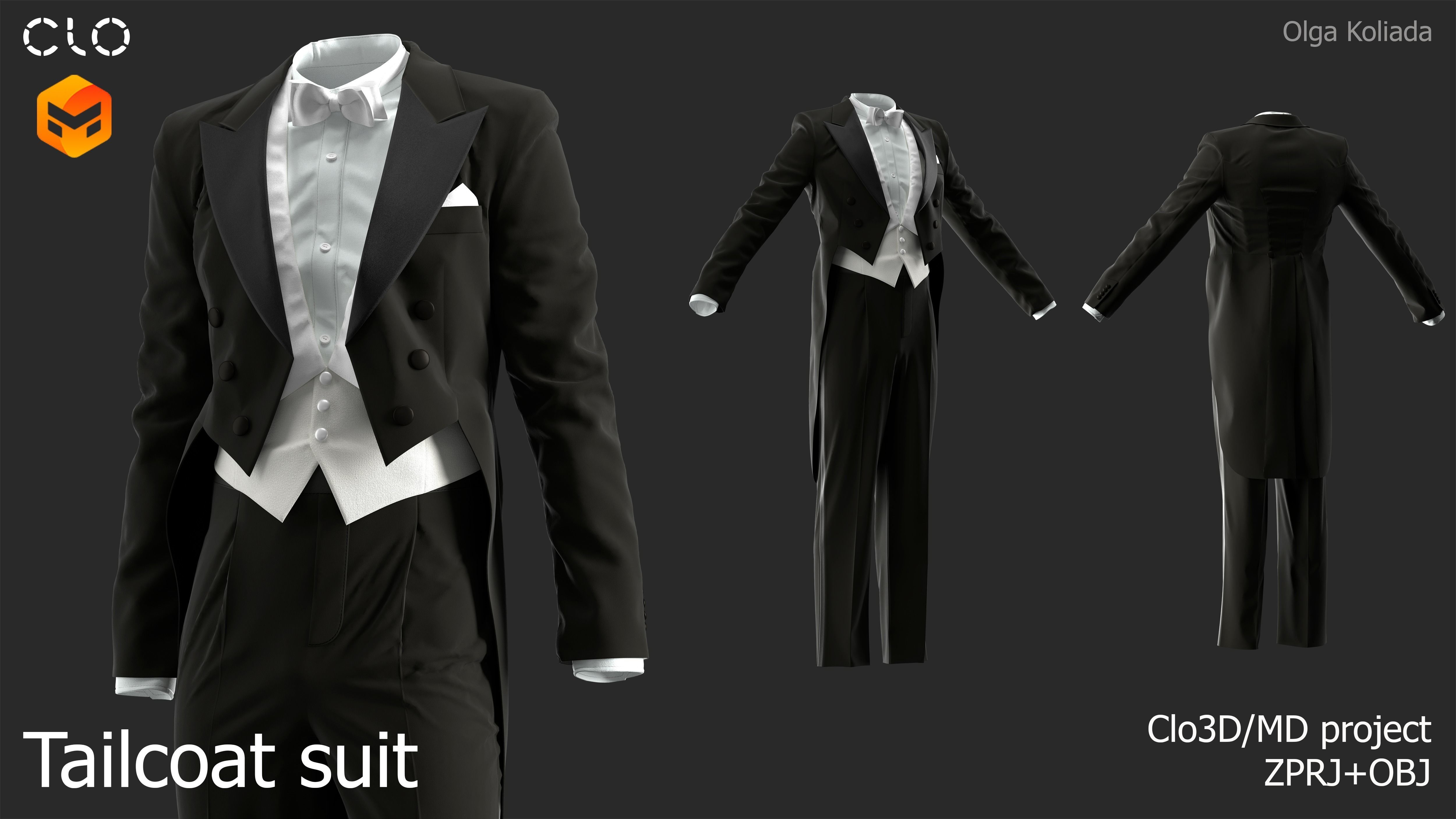 Tailcoat suit Marvelous Designer project and OBJ 3D model | CGTrader