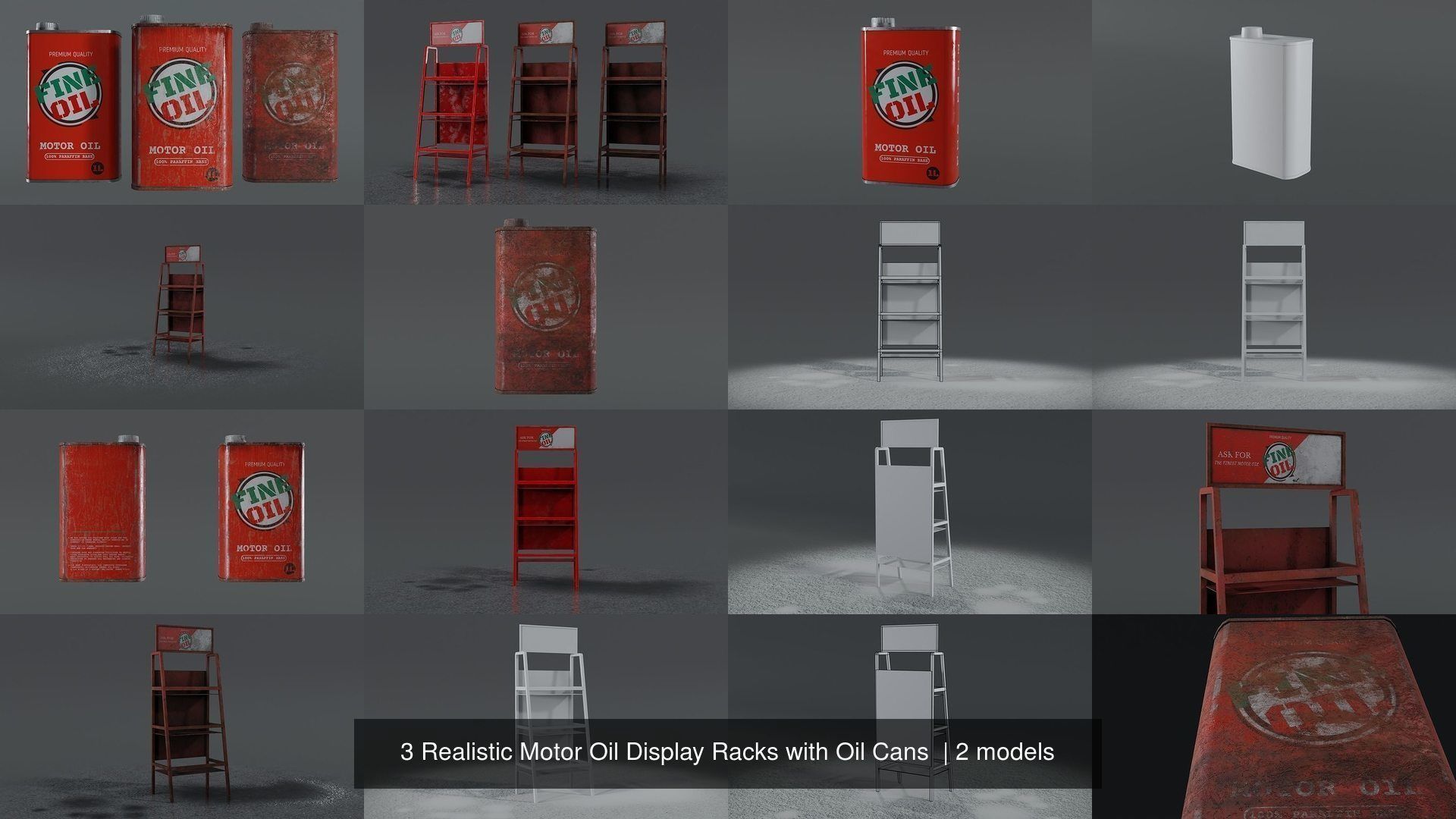 3D Model Collection 3 Realistic Motor Oil Display Racks with Oil Cans ...
