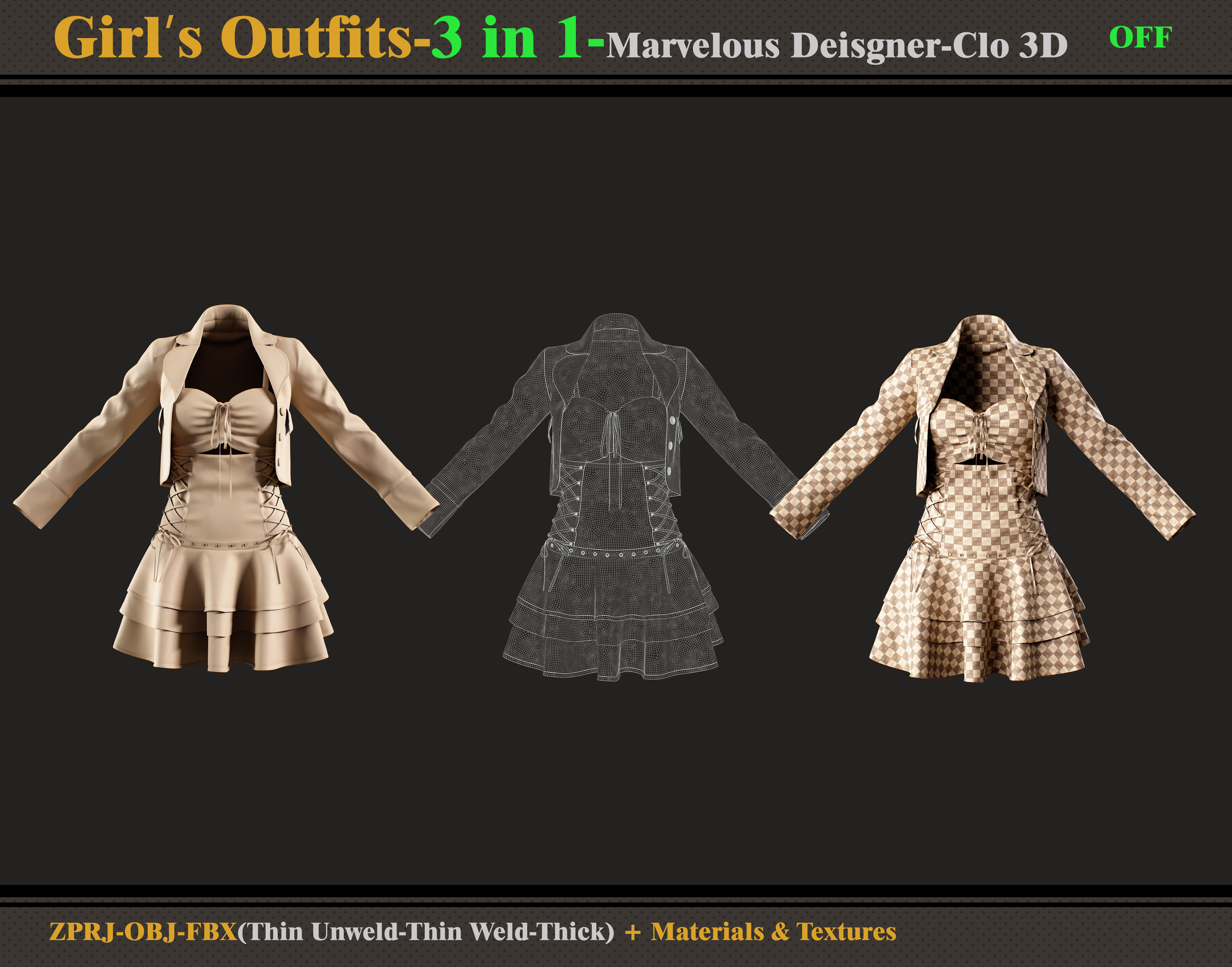 3 in 1 Girl Outfits- MD-Clo3d -OBJ - FBX -Materials-Textures 3D model ...
