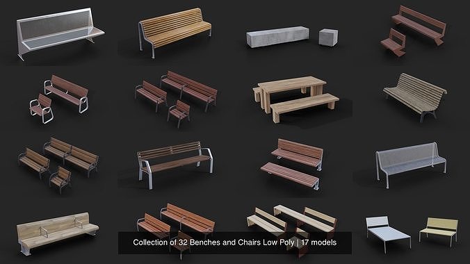 Collection of 32 Benches and Chairs Low Poly VR / AR / low-poly | CGTrader