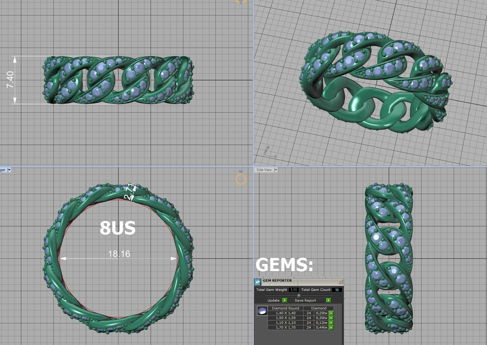 Cuban Diamond Chain Links Ring 3Dmodel 8US size 3D model 3D printable ...