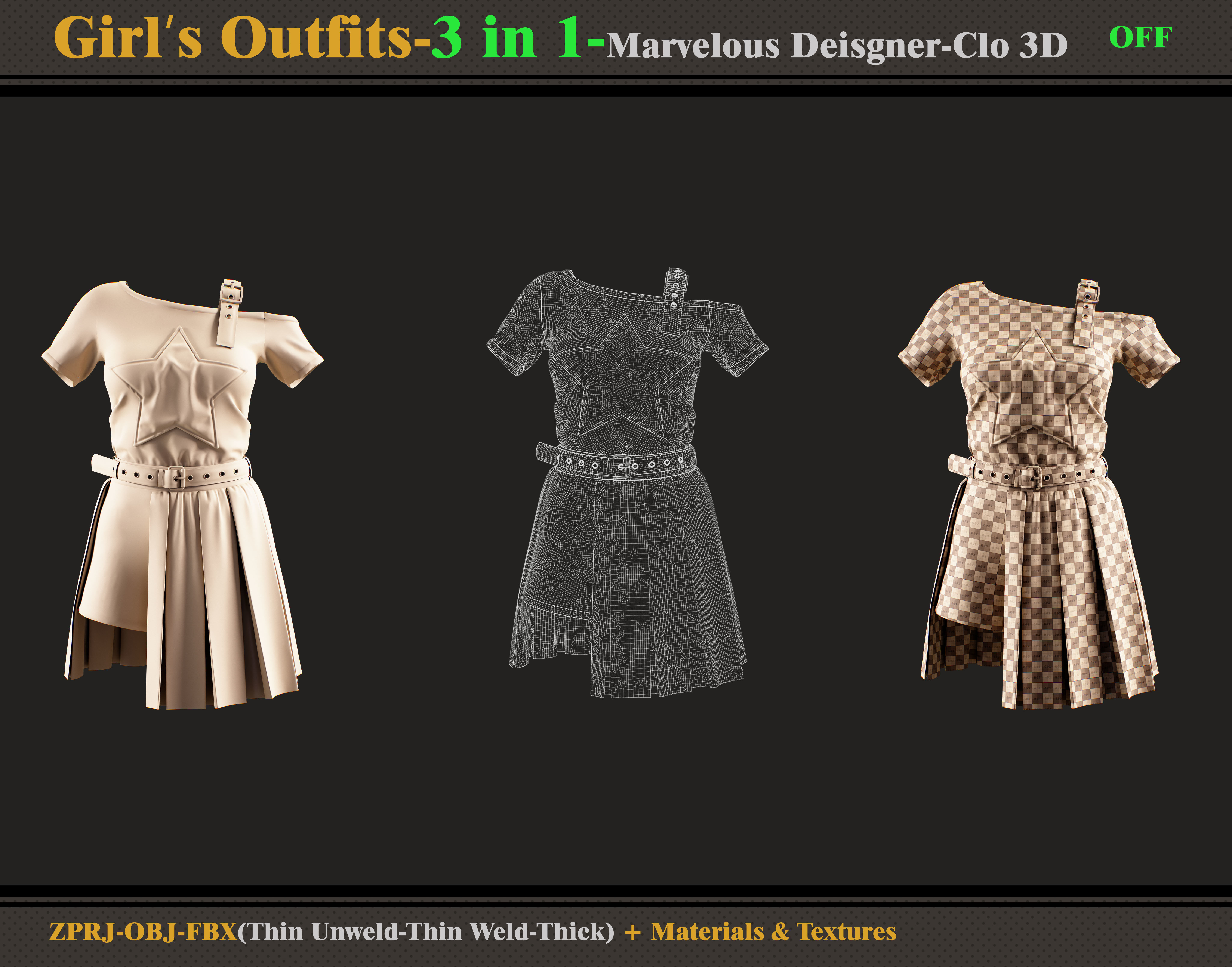3 in 1 Girls Outfits- MD-Clo3d -OBJ - FBX -Materials-Textures 3D model ...
