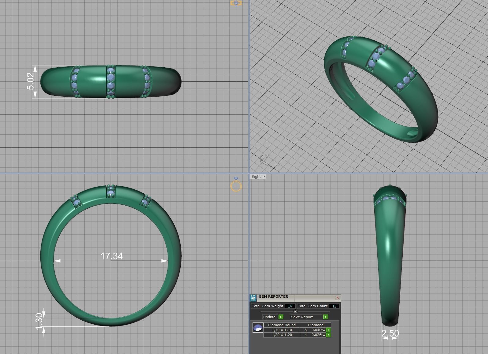 Bespoke Dome Diamond Ring 3 rows of stones 5mm wide 3D model 3D ...
