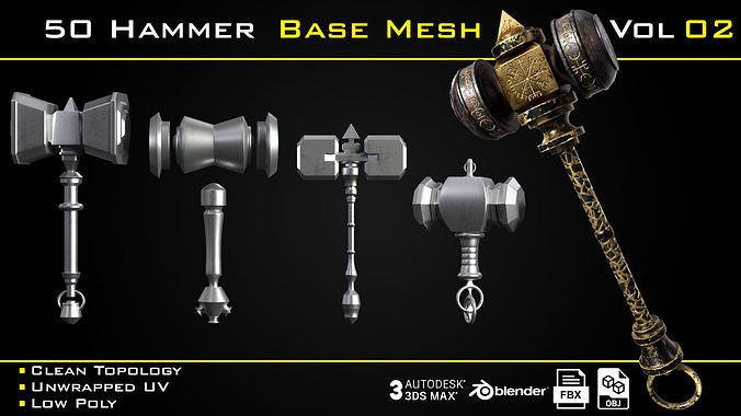 3D model 50 Hammer BASE MESH - VOL 02 Game Ready VR / AR / low-poly ...