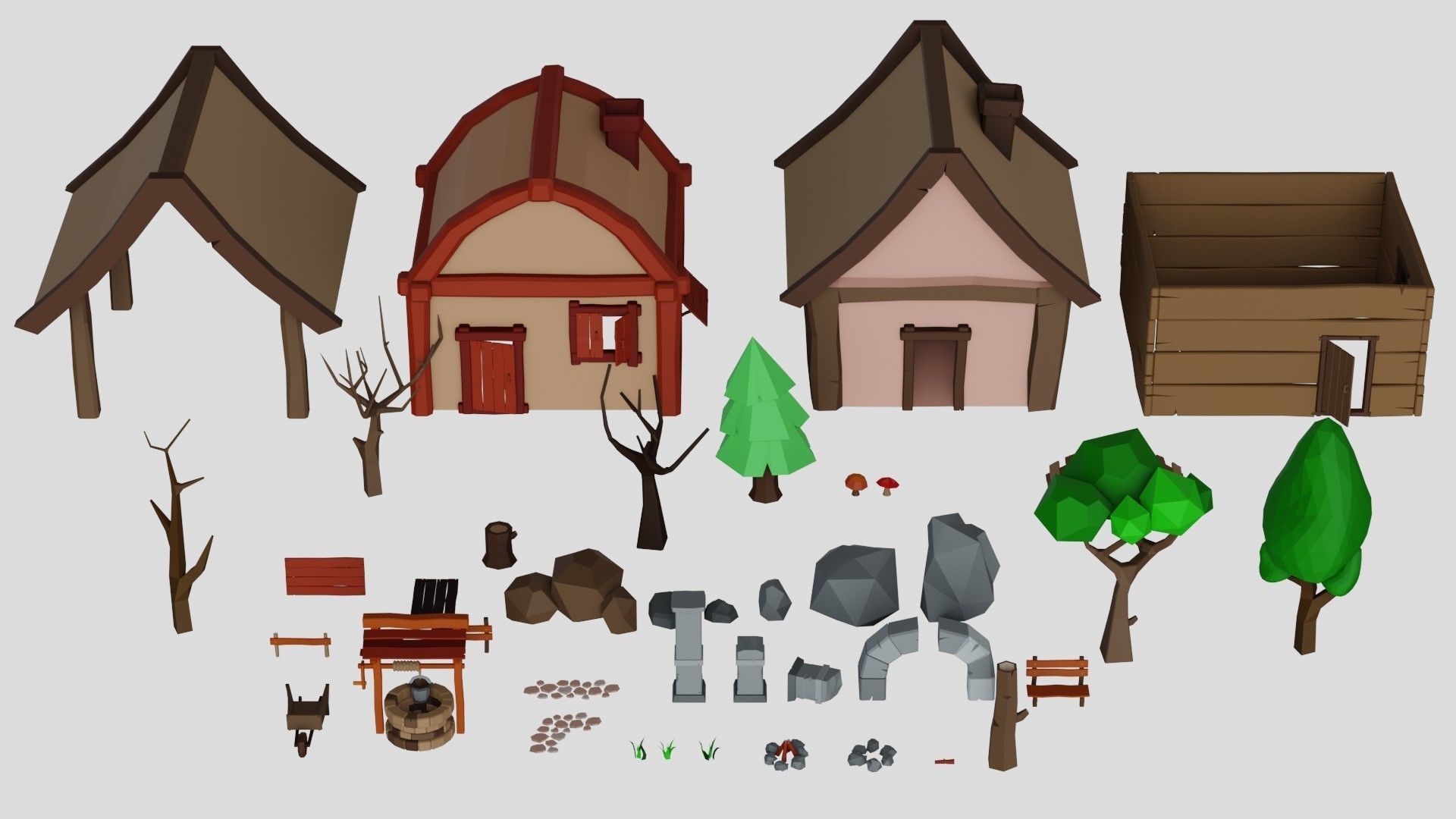 3D model Low poly Nature assets for 3D games houses trees rocks road ...