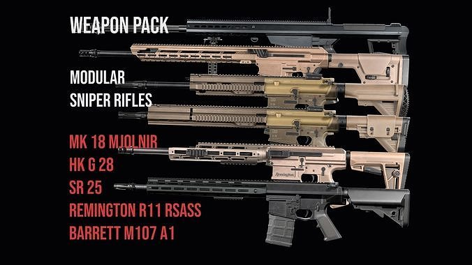 3D Model Collection Modular Modern Sniper Rifles gun Weapon Pack VR ...
