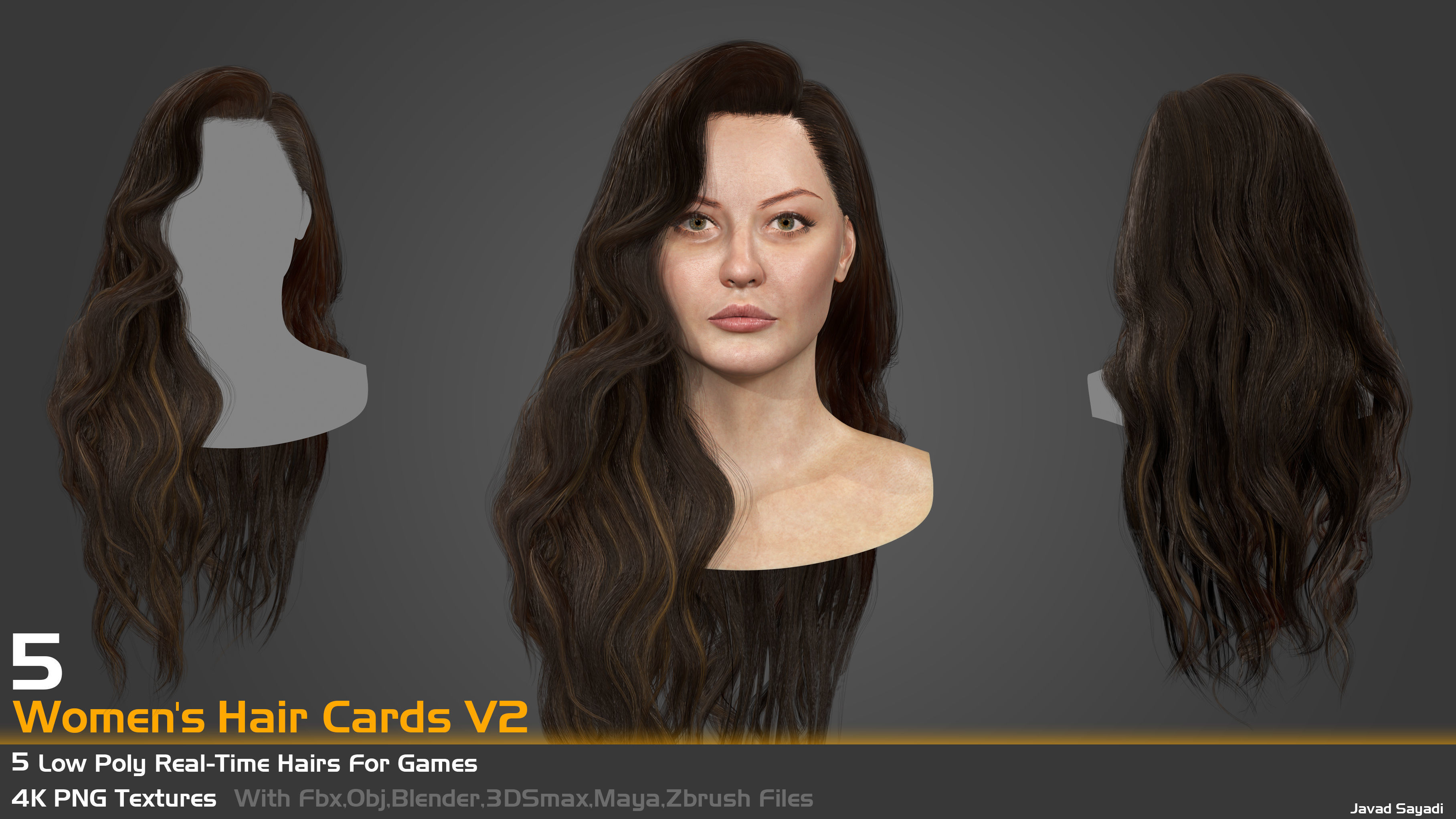 3D model 5 low poly real time hair cards for games VR / AR / low-poly ...