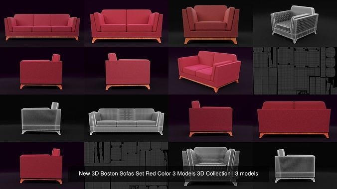 New 3D Boston Sofas Set Red Color 3 Models 3D Collection VR / AR / low-poly | CGTrader