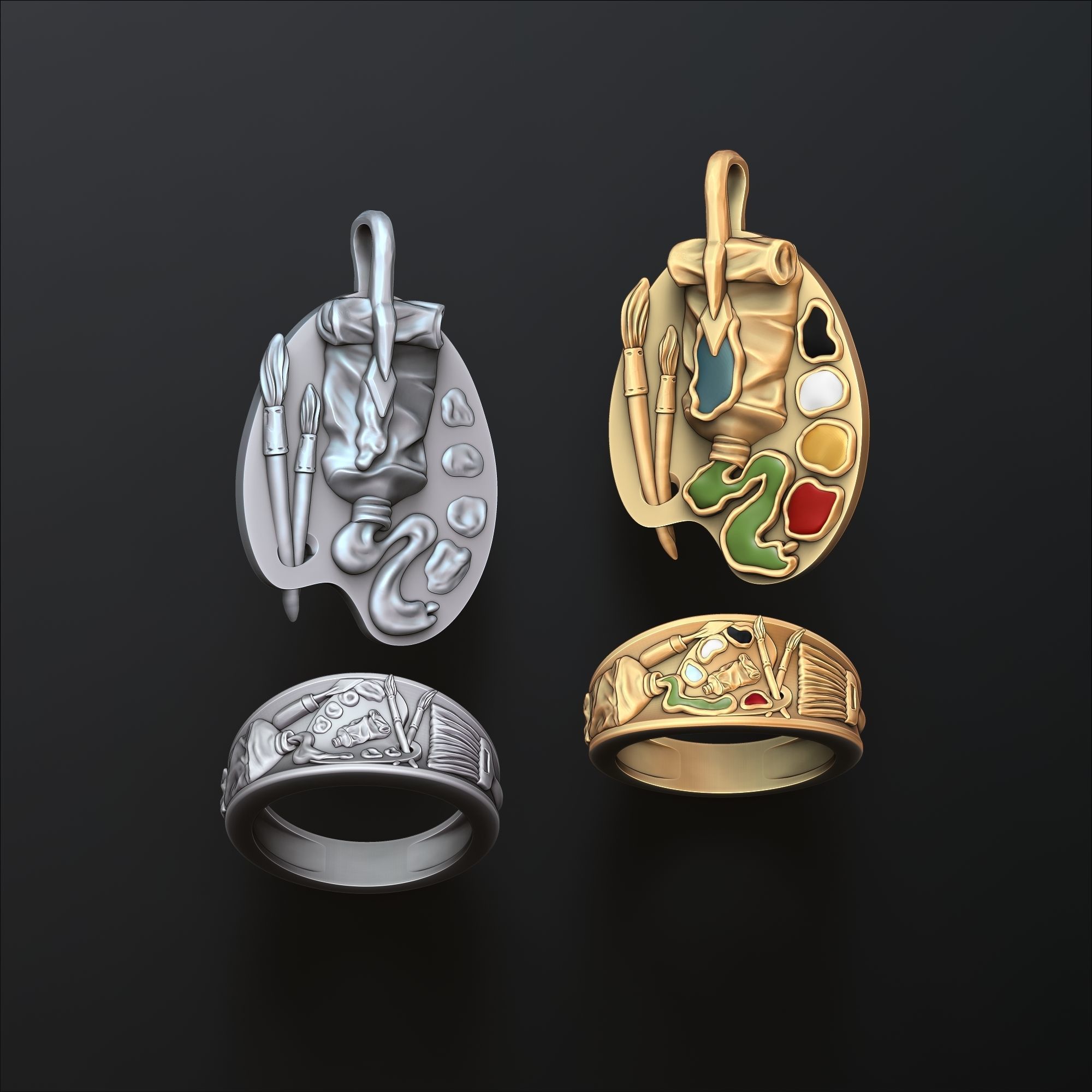 Painting Palette Ring Pendant set 3D model 3D printable | CGTrader