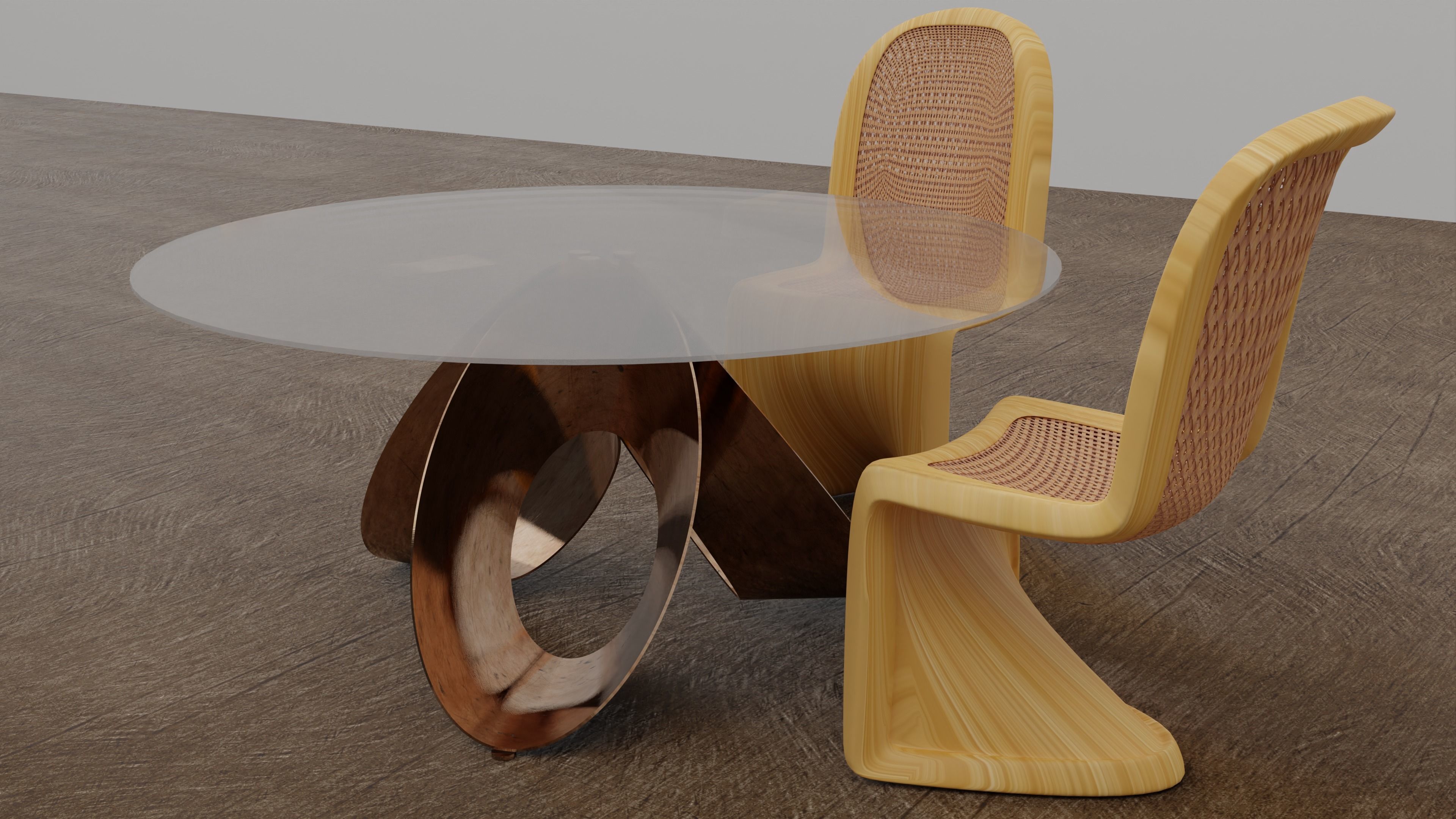 Dinner table and woods Patton chairs with wicker seats and backs 3D ...