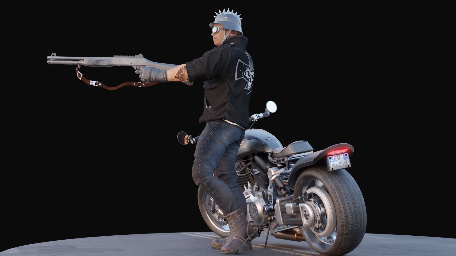 Biker on motorcycle with shotgun 3D model rigged | CGTrader