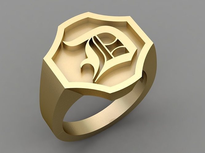 D Letter Classy Solid 14K Gold Name Initial Signet Ring Mens 3D model ...
