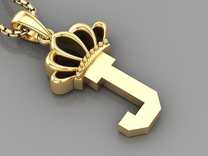 3D model J Crown Letter Initial Pendant in 10kt Yellow Gold Cad Design ...