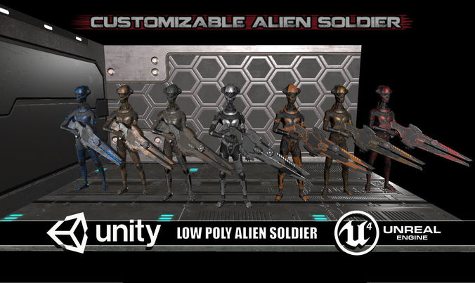 3D model Customizable Low Poly Alien Soldier VR / AR / low-poly rigged ...