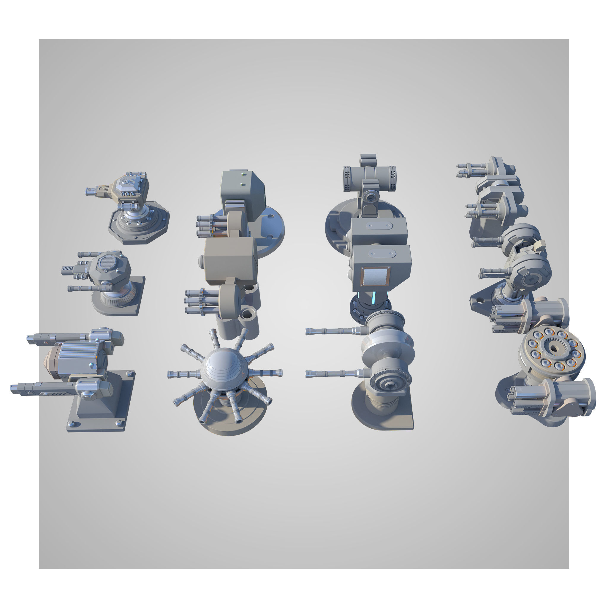 3D model 12 Rigged Turrets PACK - part1 and part2 VR / AR / low-poly ...