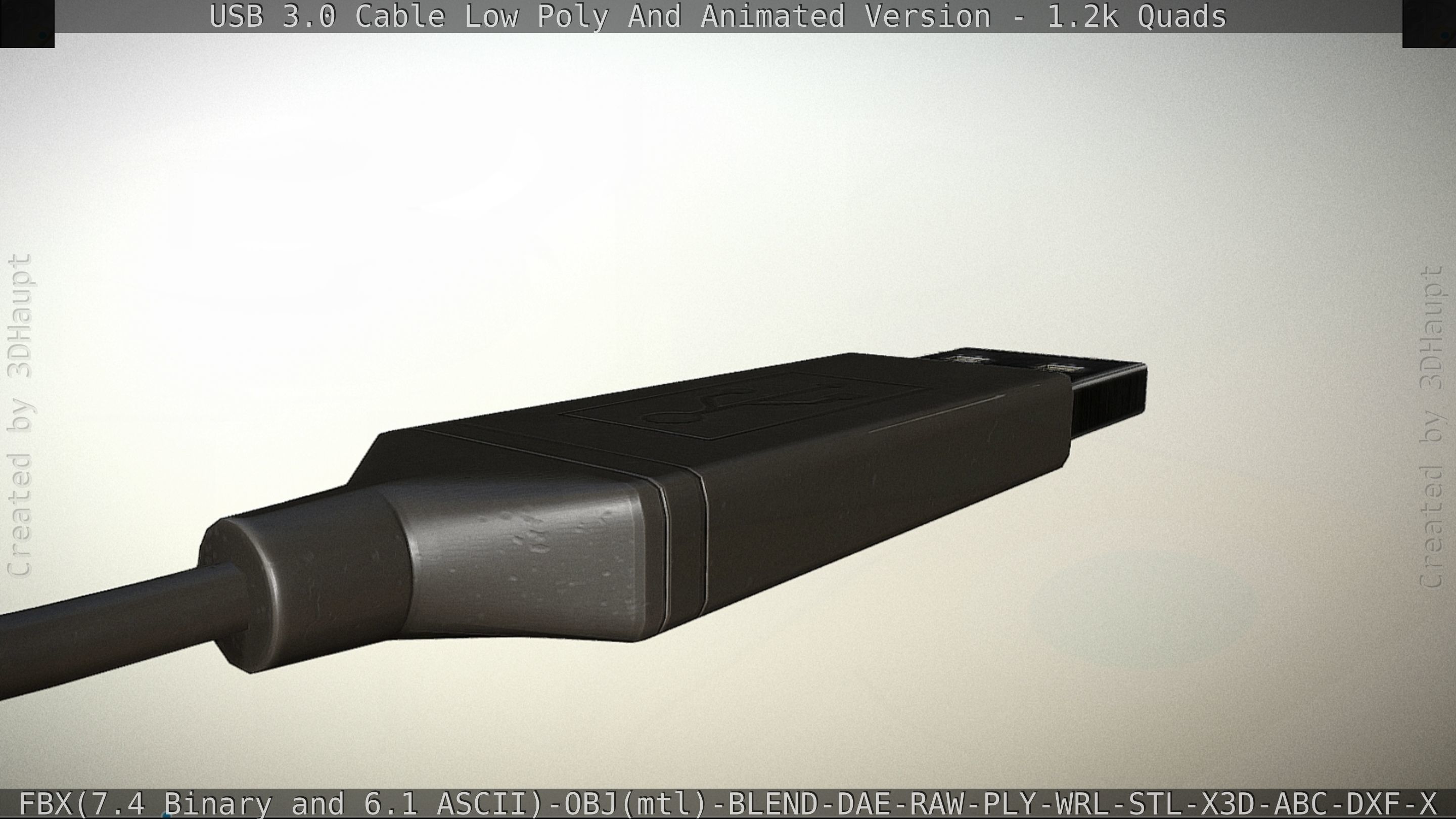 3d Model Usb 3 Cable Rigged Low Poly Version - Gameready - Pbr Textures 