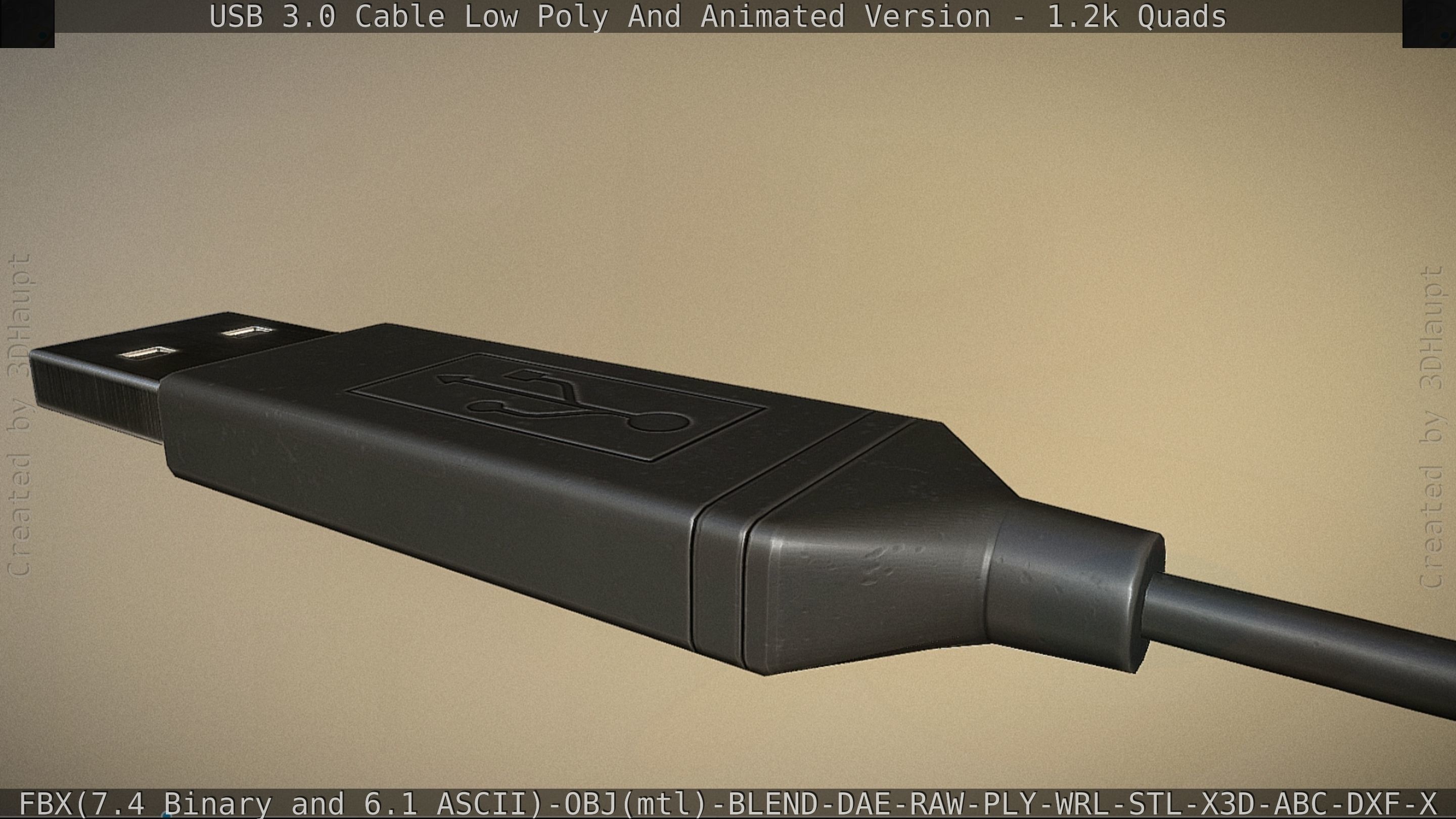 3D model USB 3 Cable Rigged Low Poly Version - Gameready - PBR Textures ...