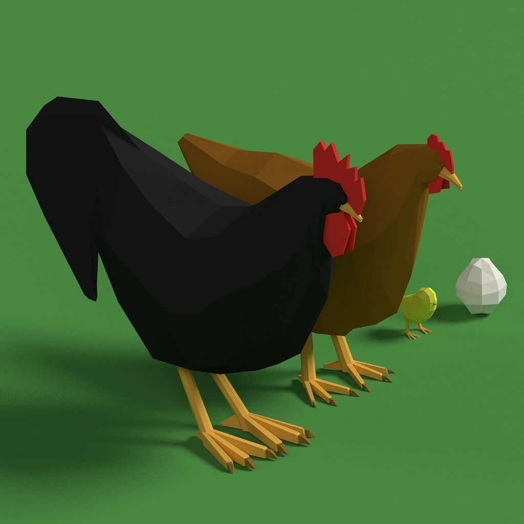Low Poly Rooster Hen Chicken Egg Set 3D model | CGTrader