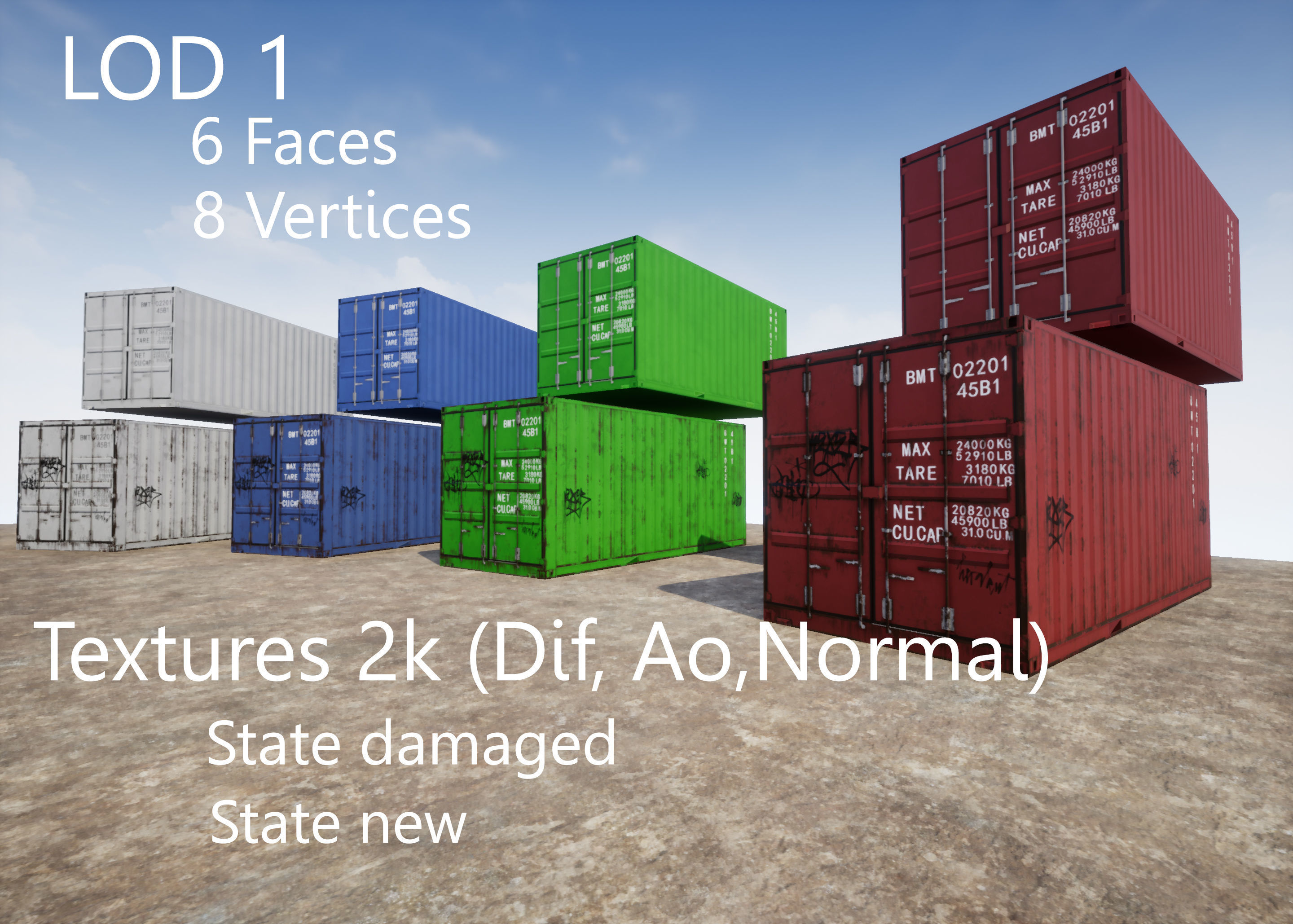 3D model Container 20ft with 2 LOD for physically based rendering VR ...