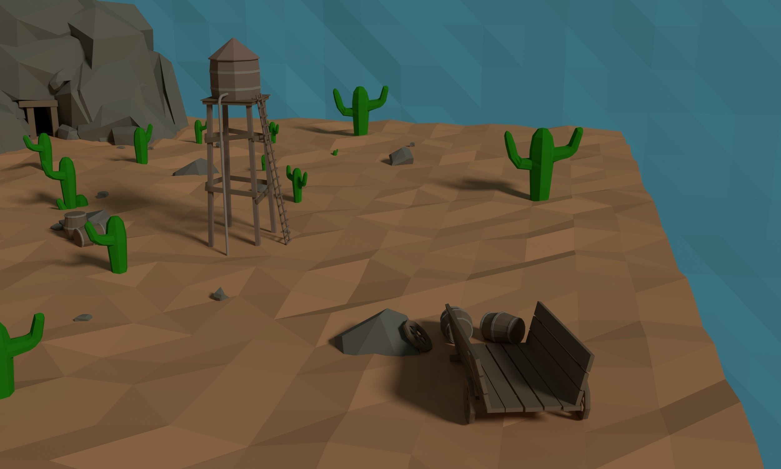 3D model LowPoly Western Mine with Water tower VR / AR / low-poly ...