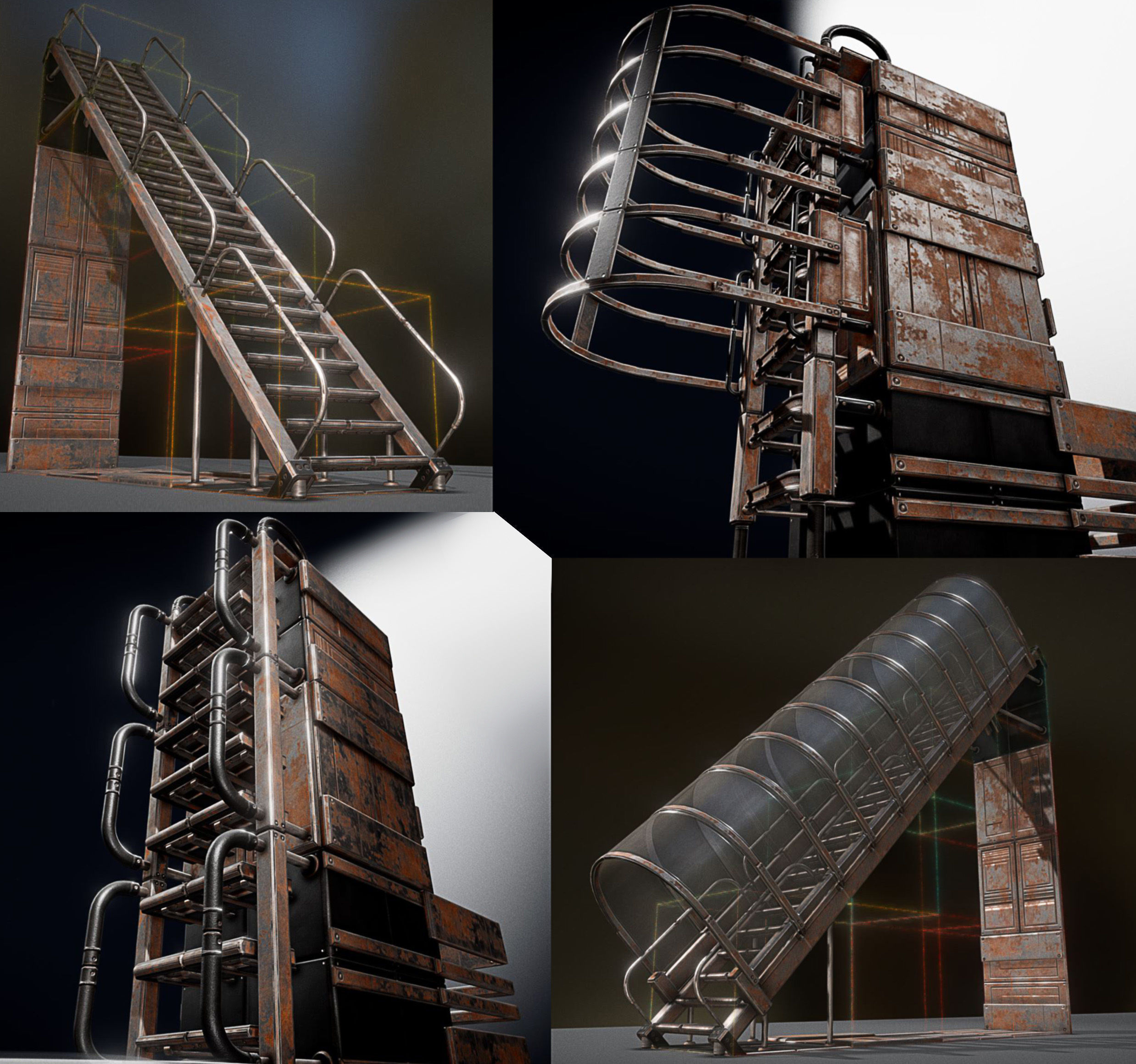 Modular Ladders and Stairs Package Rusty Version 3D asset