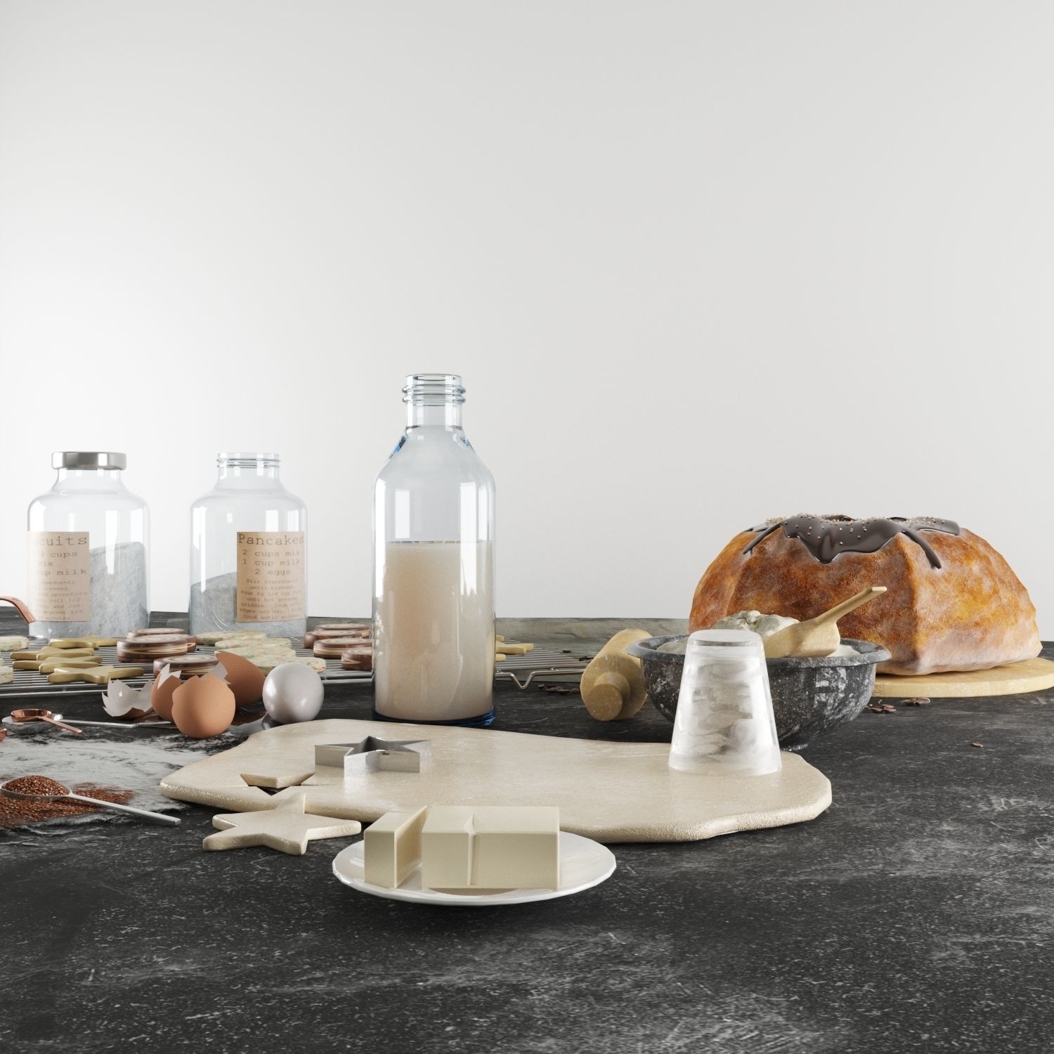 Baking set ingredients and utensils on table 3D model | CGTrader