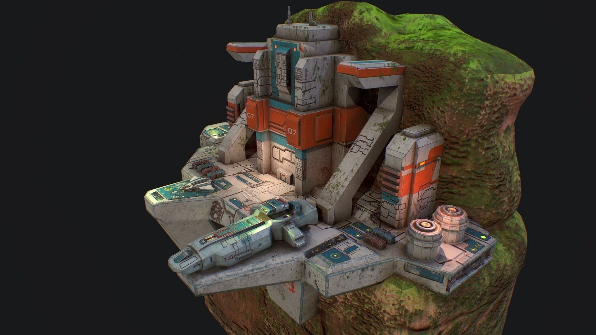 3D model Low poly sci fi outpost buildings on cliffs environment VR ...