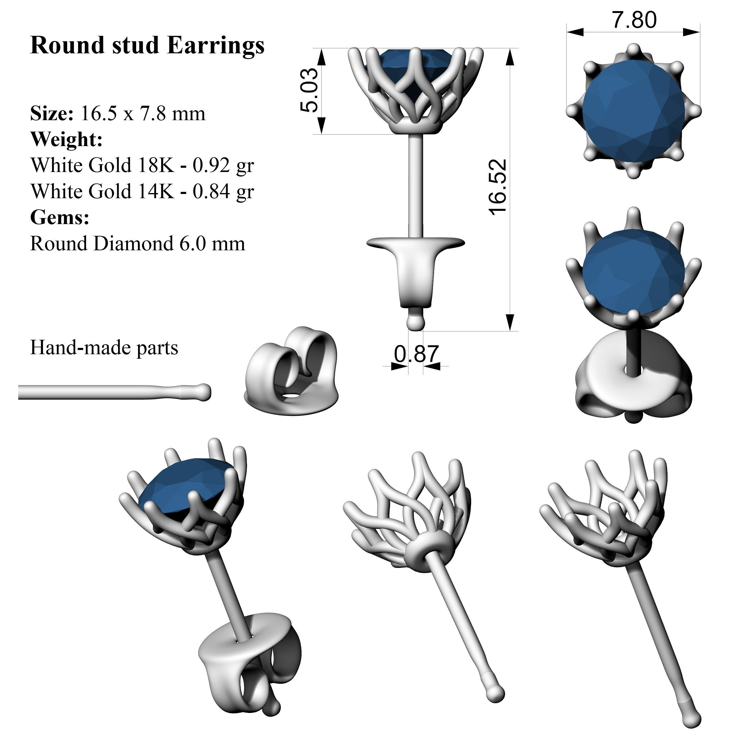 Round Stud Earrings 3D model 3D printable | CGTrader