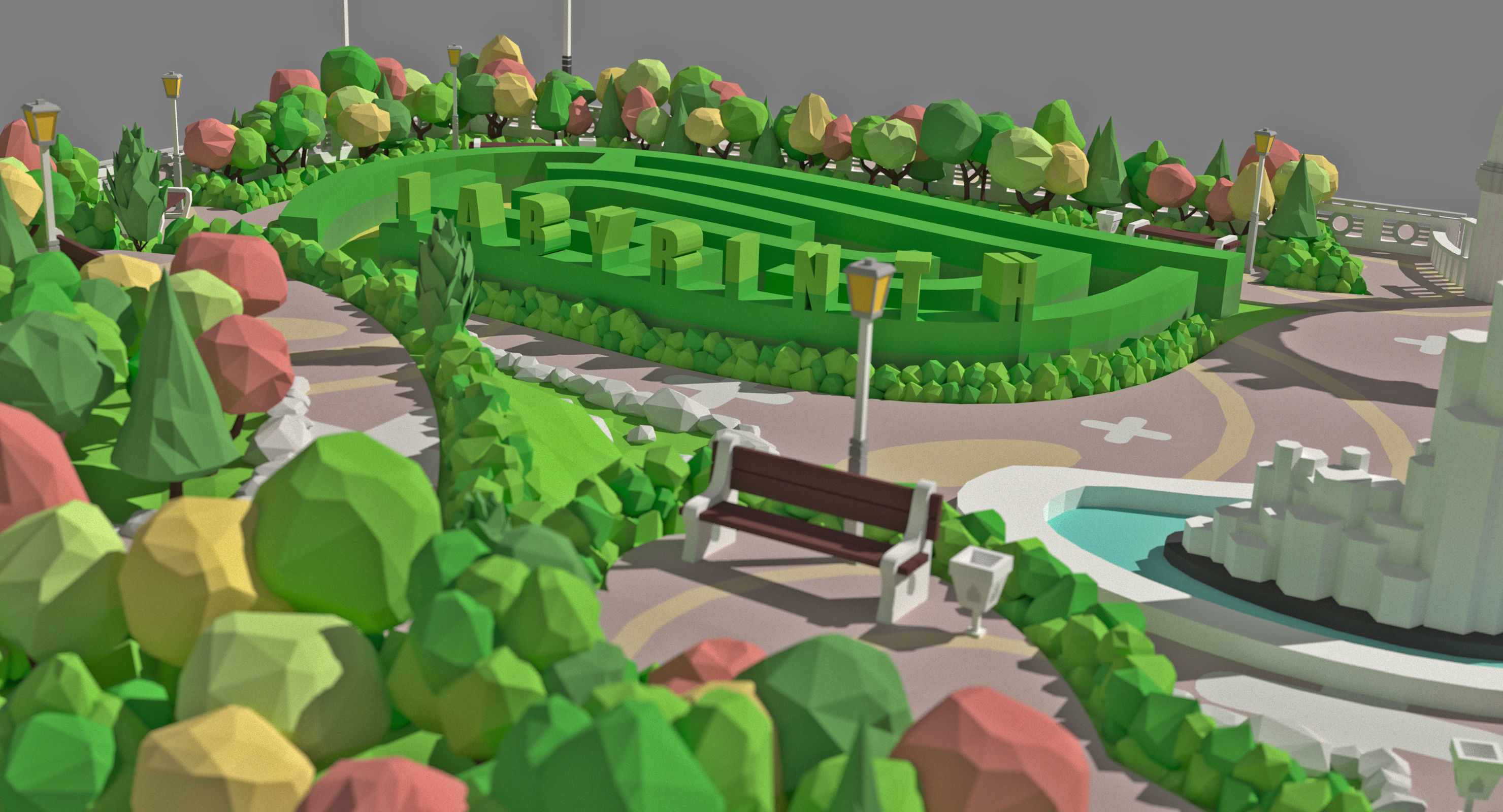 3D model Low poly big park with pond and labyrinth VR / AR / low-poly ...