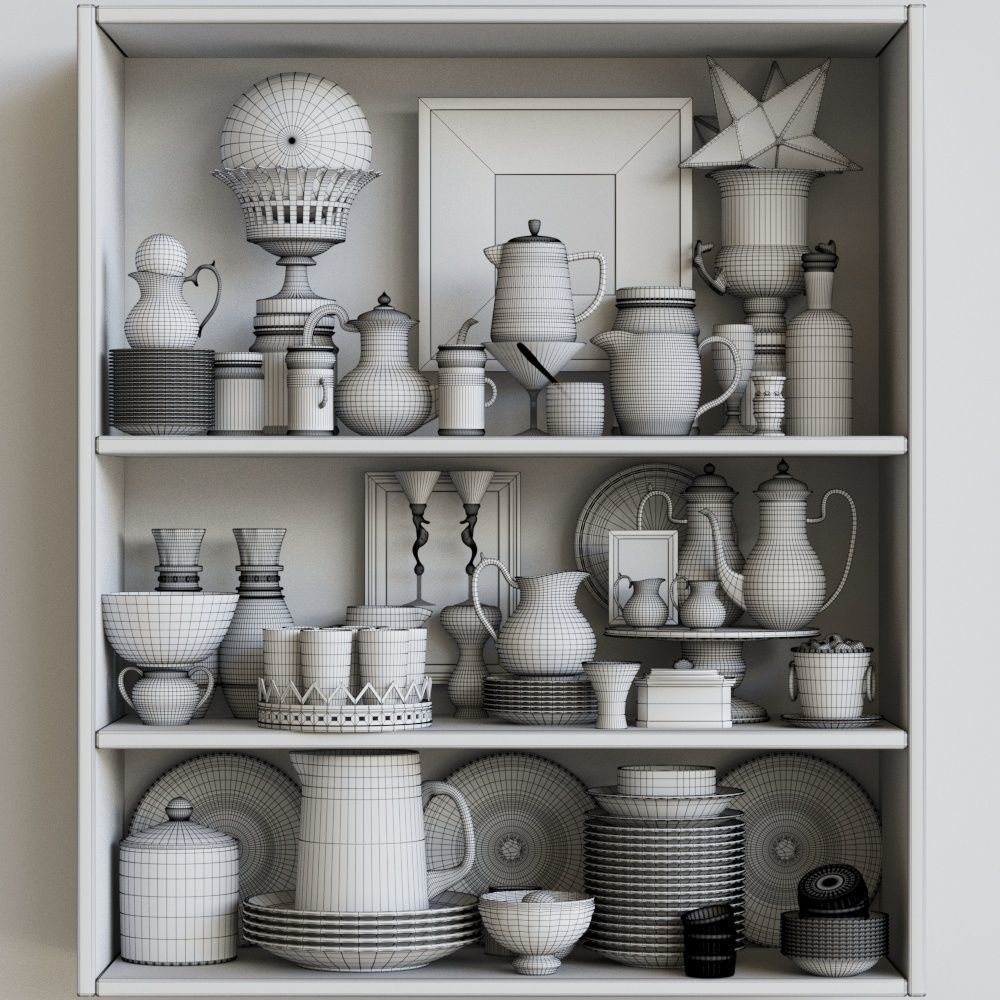 Set-189 bookcase filled with china and silverware 3D model | CGTrader